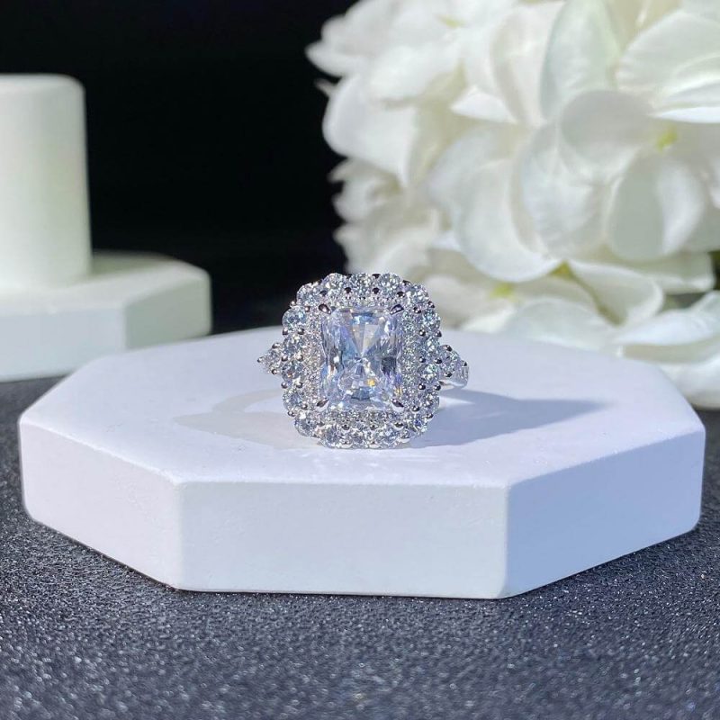 Square Halo Ring Sterling Silver 925 Full Diamond
