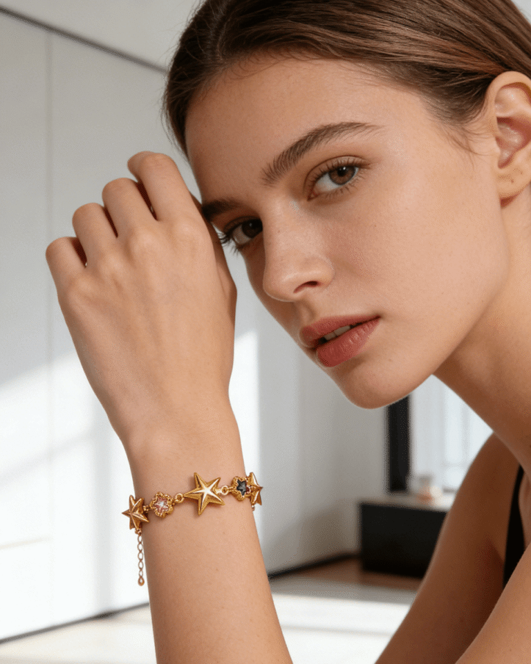 Dainty Sparkly Colorful Starfish Charm Bracelet 18K Gold