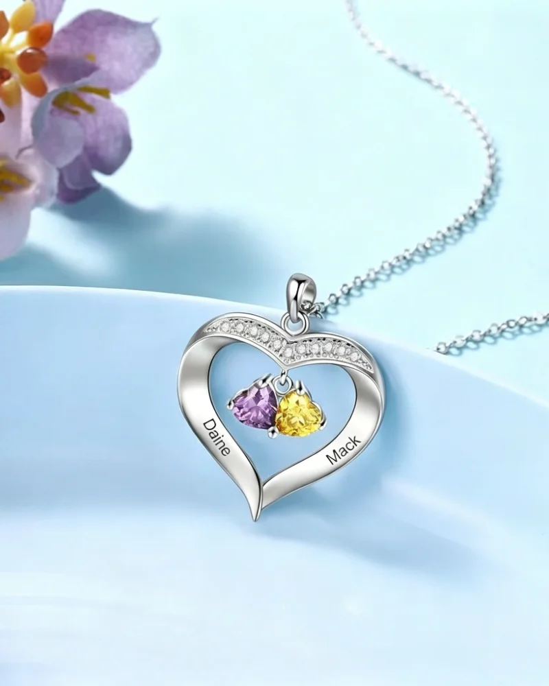 2 Sweet Heart Personalized Birthstone Necklace - imysea